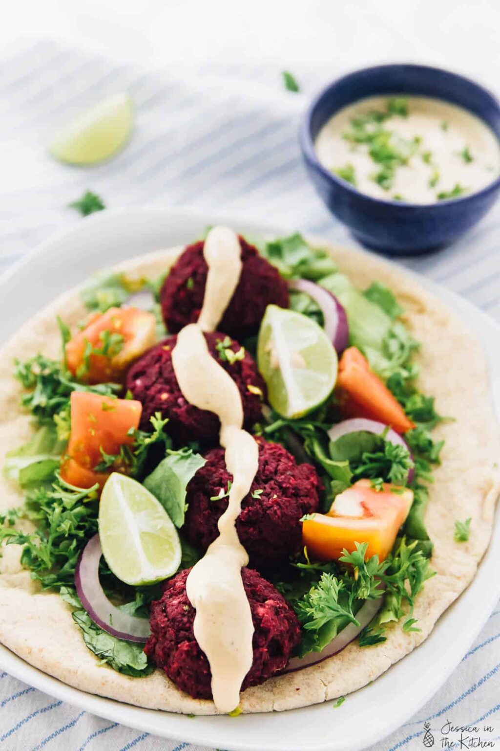 Beet Falafel with Harissa Tahini Dressing | Jessica in the Kitchen