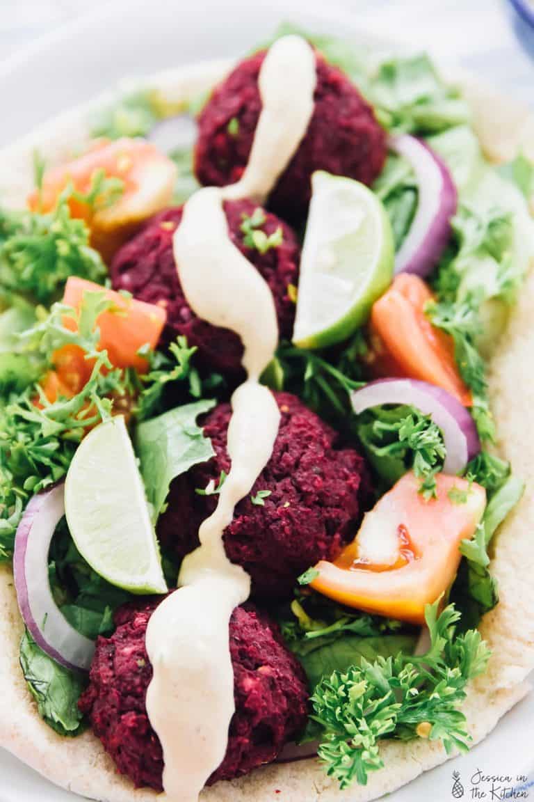Beet Falafel with Harissa Tahini Dressing | Jessica in the Kitchen