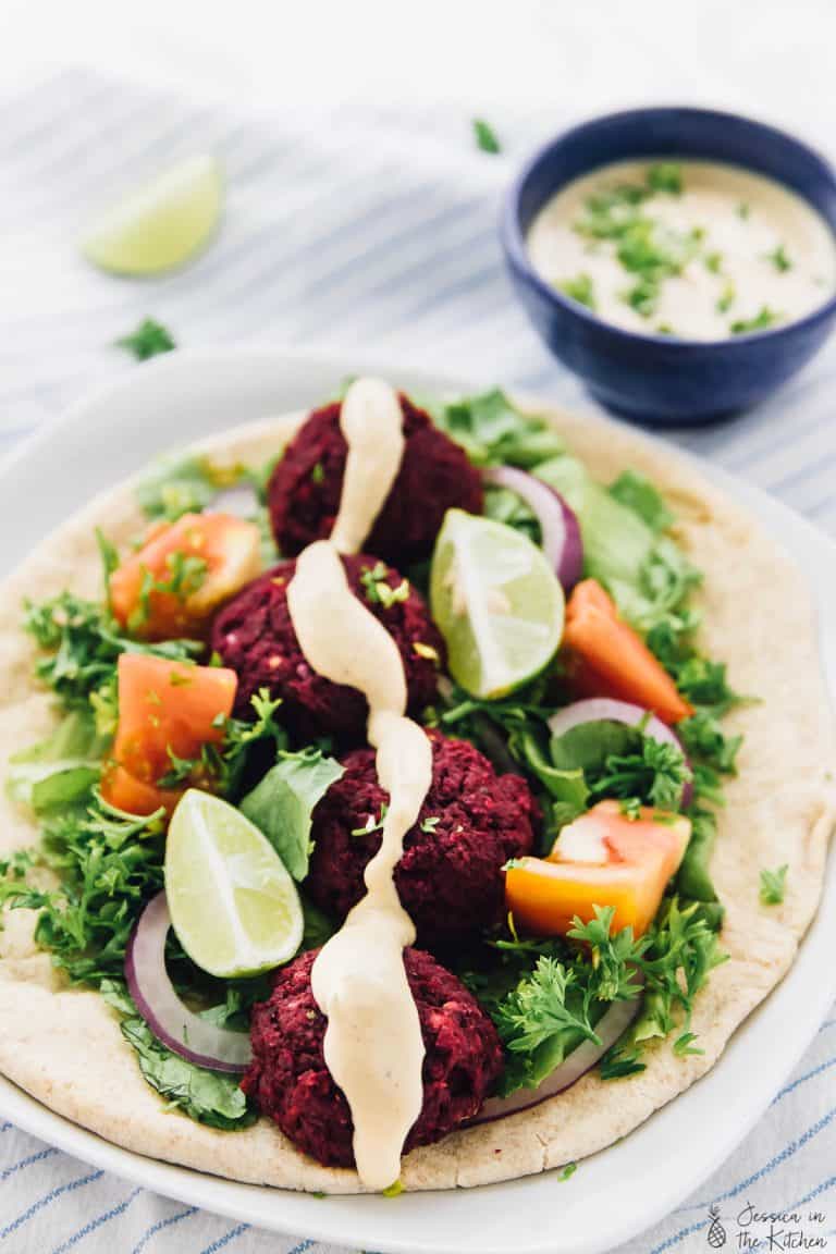 Beet Falafel with Harissa Tahini Dressing | Jessica in the Kitchen